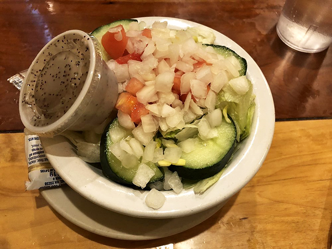 Fresh salad arrives with dressing on the side, because some places still respect your ability to make your own choices.
