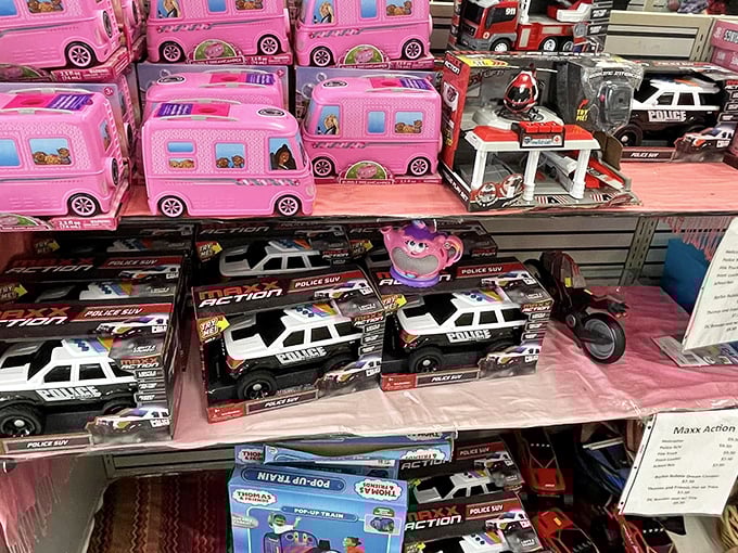 Toy story in real life! Pink campers and police cruisers line the shelves, waiting for imaginative new owners to create their next adventure.