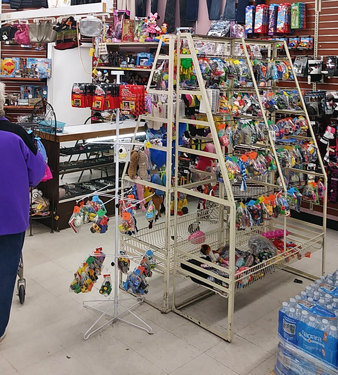 The toy section resembles a plastic archaeological dig where generations of childhood memories await rediscovery.