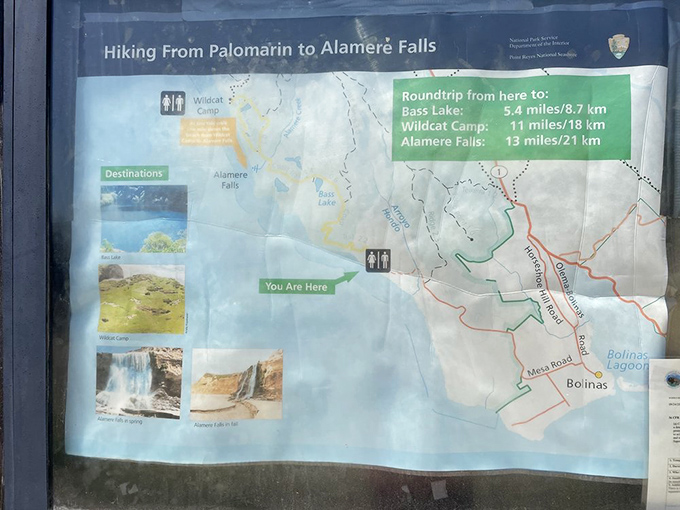 The trail map: equal parts invitation and warning, showing exactly how much effort stands between you and waterfall glory.