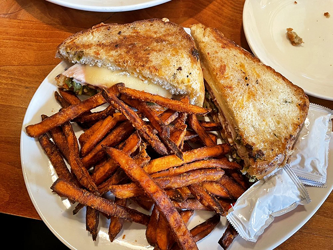 This sandwich and sweet potato fries combo proves that even lunch classics get a magnificent makeover when Pueblo traditions enter the kitchen.