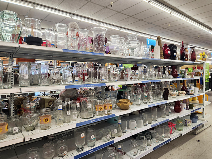 Crystal, glass, and ceramic vessels standing at attention like transparent soldiers. Your future dinner party centerpiece is hiding somewhere in this translucent forest.