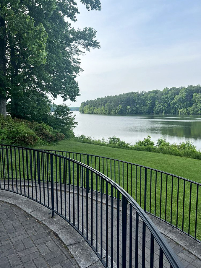 The reservoir view offers a moment of blue serenity after the explosion of color, proving that sometimes the best dessert is a palette cleanser.