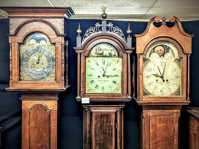 Grandfather clocks standing like silent sentinels of a slower era. Their hand-carved wooden cases and intricate faces represent craftsmanship that modern timepieces can't match.