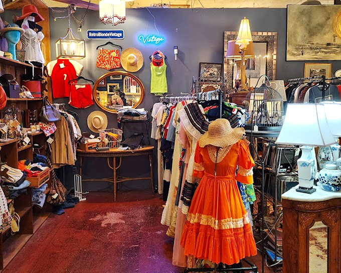 Vintage fashion meets retro neon in a corner that screams "costume party goldmine" to the creative shopper.