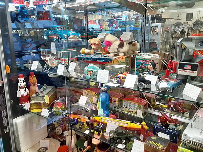 Childhood memories under glass! This toy display case proves one generation's playthings become another generation's investment portfolio.
