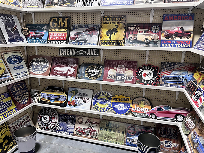 A wall of automotive nostalgia that transforms man-caves into time-machines. These metal signs tell the story of American roads and the brands that fueled our journeys.