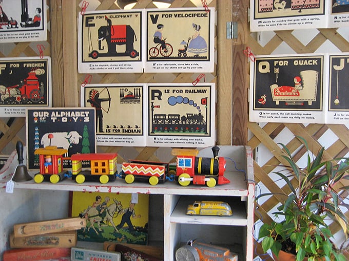 Childhood nostalgia in wooden train form. These vintage toys and educational posters remind us when learning came without batteries required.