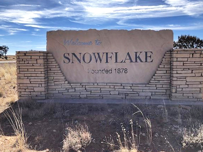 No fancy marketing needed here. Snowflake's welcome sign embodies the town's straightforward approach to hospitality &ndash; authentic and unpretentious.