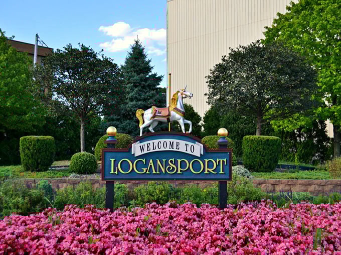 Nothing says "welcome" quite like a carousel horse standing guard. Logansport's entrance sign hints at the whimsy waiting inside city limits.