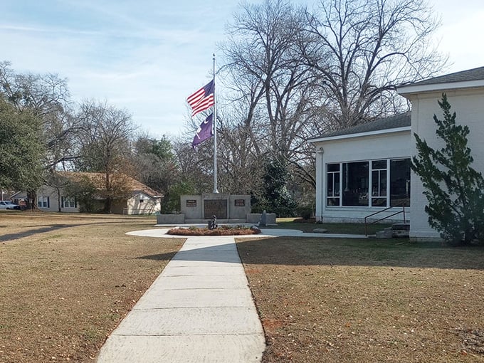 The memorial and flagpole remind visitors that small towns often give more than their fair share when the nation calls for service.