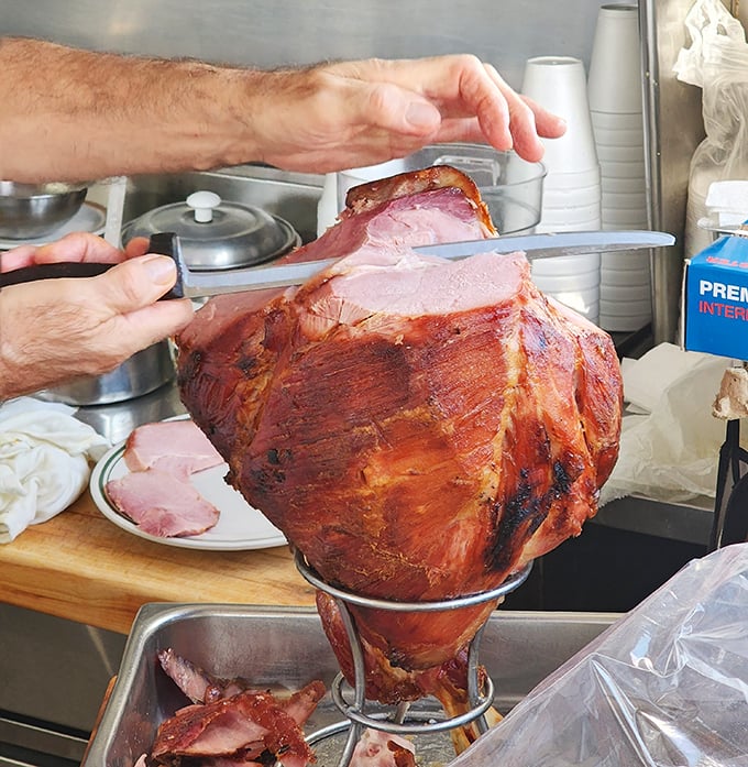 Behold the ham in its natural splendor, glistening like a ruby in the rough. This is what pork dreams of becoming when it grows up.