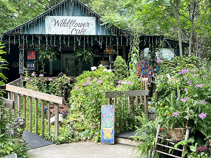 The Wildflower Cafe isn't just surrounded by plants&mdash;it's being gradually reclaimed by them, as if Mother Nature herself is giving it a green thumbs-up.
