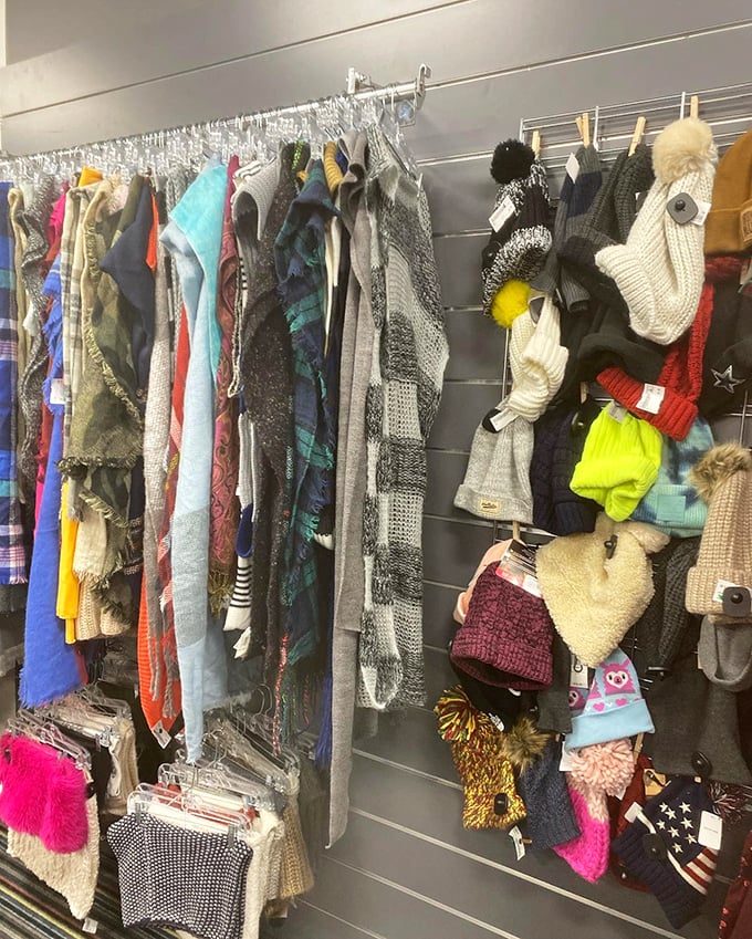 Winter accessories galore! Scarves, hats, and mittens that kept someone else warm last season are ready for your next snow day adventure.