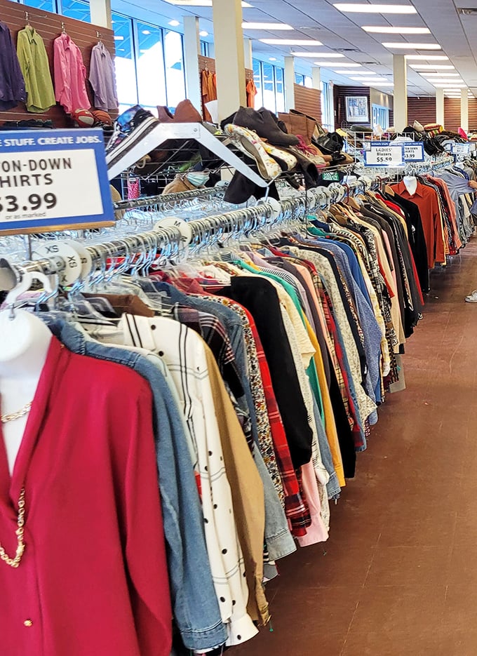 A kaleidoscope of fabrics and patterns creates this textile tapestry. Each garment represents both fashion history and someone's future outfit inspiration.