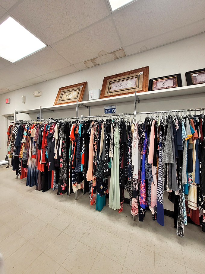 Women's formal wear: where prom dresses of yesteryear hang hopefully, dreaming of second chances at weddings, galas, or creative Halloween costumes.