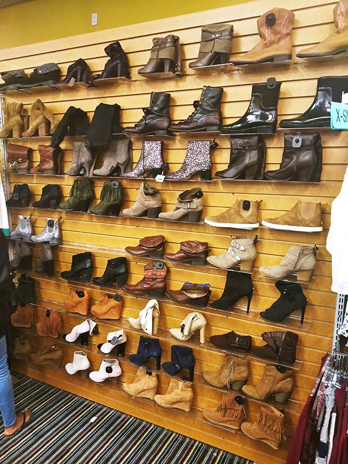 Boot boulevard! This wooden wall display showcases footwear for every Florida occasion&mdash;from rare rainy days to nights on the town.