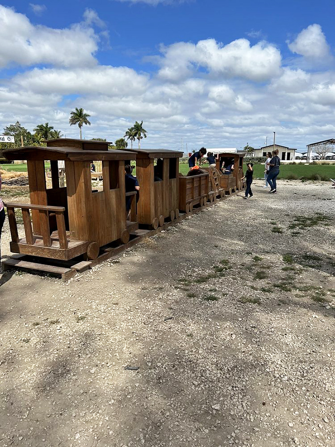 All aboard the imagination express! This wooden train playground makes waiting for strawberries to ripen the second-best part of the farm visit.