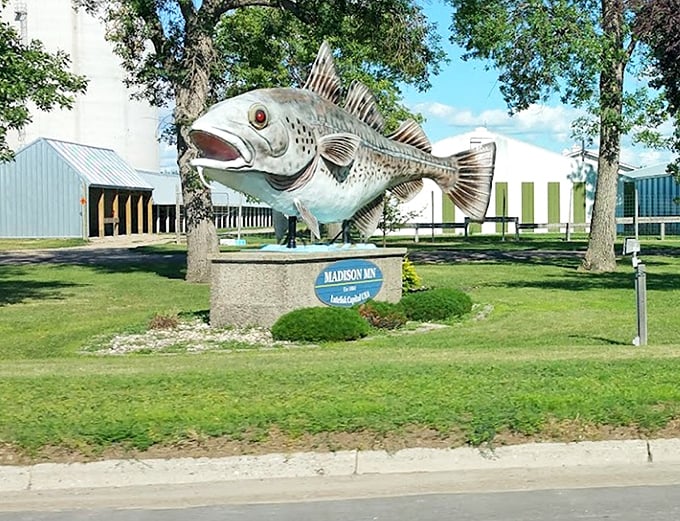 Viewed from the road, the massive lutefisk serves as Madison's unofficial greeter, silently judging all who pass by.