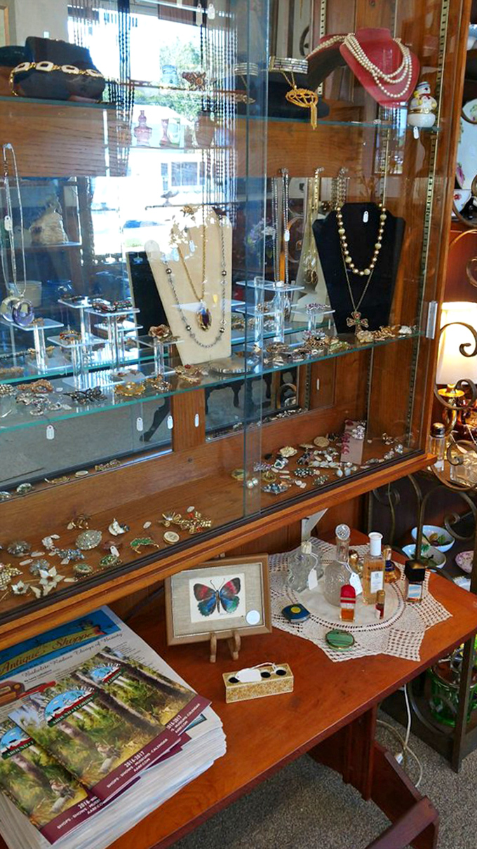 Jewelry display cases that sparkle with stories. Each necklace, brooch and earring once adorned someone's special day &ndash; now waiting for new memories.