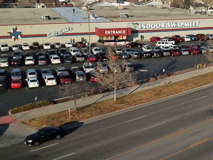Bird's eye view of the parking lot on a busy day. Like Black Friday without the trampling, this aerial shot reveals the swap meet's magnetic pull.
