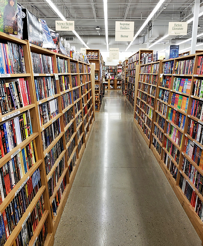Literary canyons formed by wooden shelves create a maze where time disappears and you emerge hours later, somehow holding twelve books.