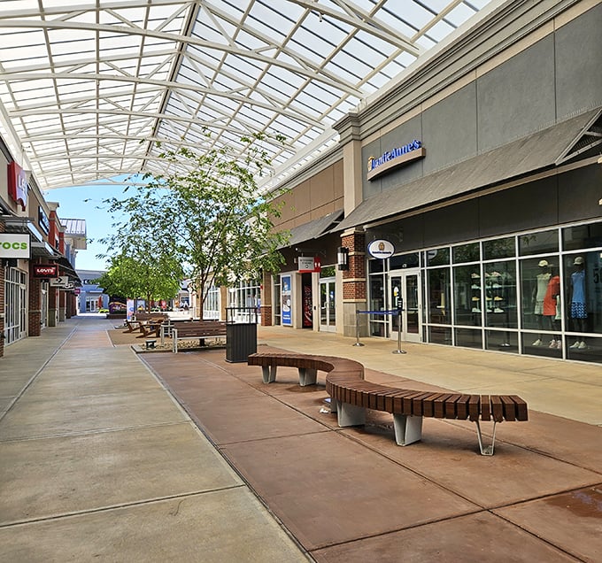A covered walkway that makes rainy-day shopping feel less like punishment and more like destiny.
