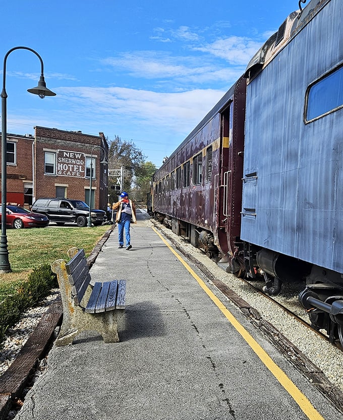 The New Sherwood Hotel stands as silent witness to the excursion train's arrival, a scene that could be from 1950 or yesterday.