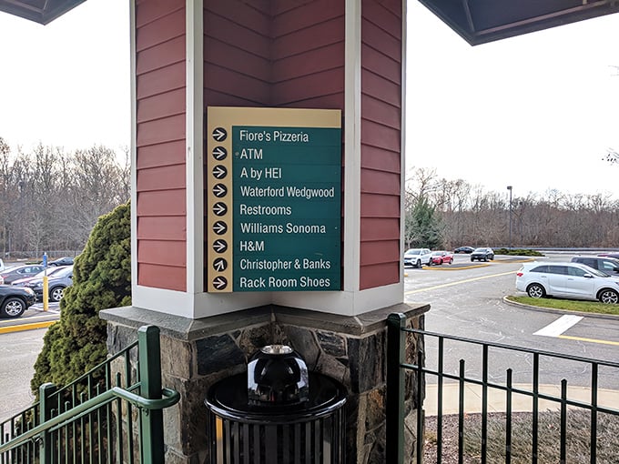 Directional signs point shoppers to their favorite stores and amenities. The modern treasure map where X marks the spot for restrooms and bargains alike.