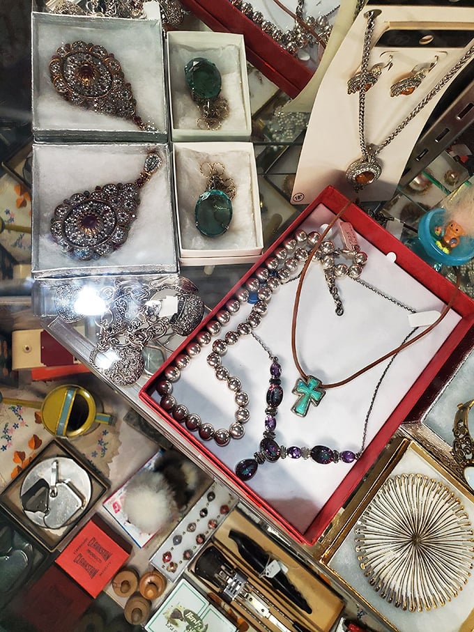 Jewelry box treasures sparkle with possibilities. That turquoise cross might have witnessed decades of Sunday services before finding you.