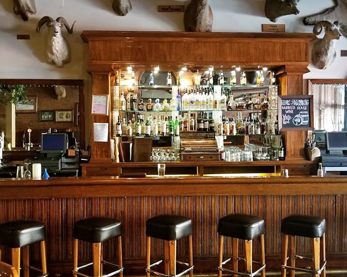 The bar doesn't just serve drinks&mdash;it serves history, with bottles standing at attention like soldiers guarding liquid treasures beneath mounted trophies.