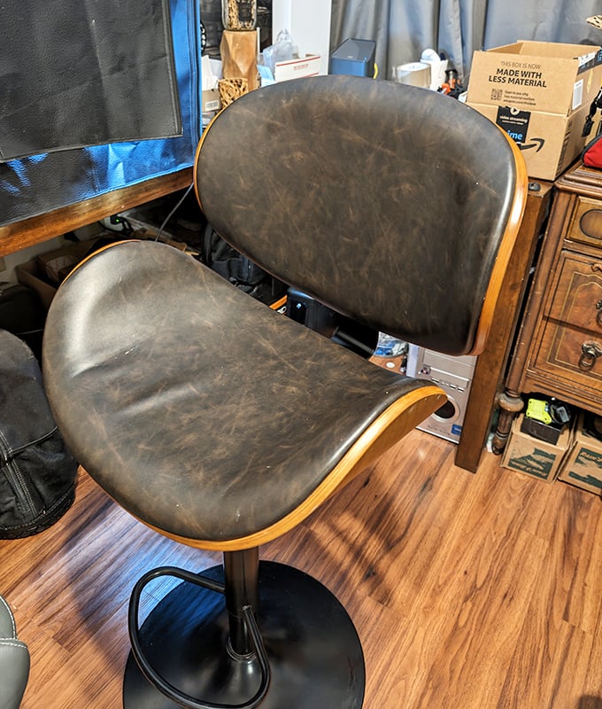 This leather bar stool has seen things. Now it's ready for a second act in your kitchen or home bar setup.
