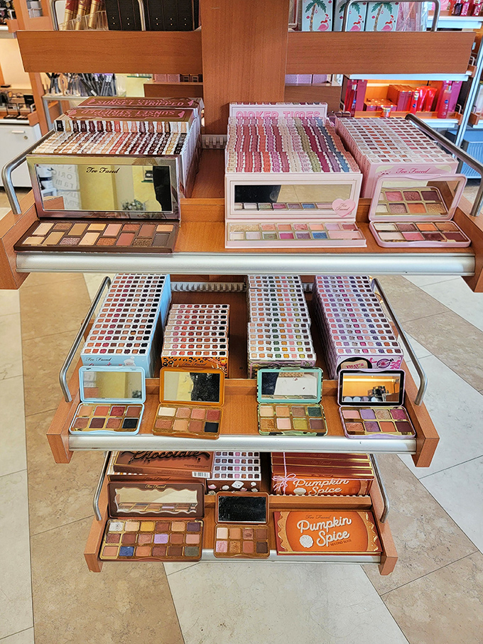 Makeup palettes arranged like edible confections. The Too Faced display offers a buffet of beauty options that tempt even the most minimalist shopper.