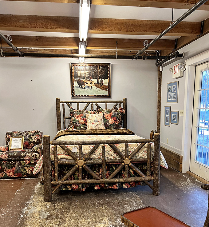 Rustic elegance in furniture form. This handcrafted bed frame whispers "Vermont craftsmanship" louder than a lumberjack at karaoke night.