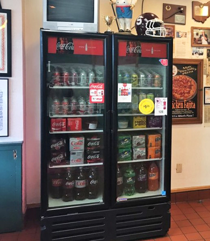 The beverage cooler stands ready, because fighting the good fight against thirst is just as important as satisfying hunger at this neighborhood institution.