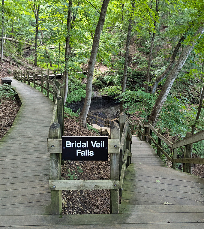 Follow the wooden path to Bridal Veil Falls. Like a real-life fantasy novel setting, minus the dragons (usually).
