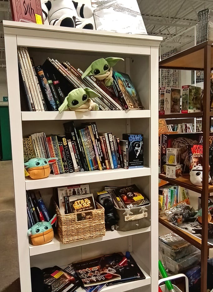 Baby Yoda guards the book section with adorable vigilance. Even in Iowa, the Force is strong with this collection of Star Wars titles and literary treasures.