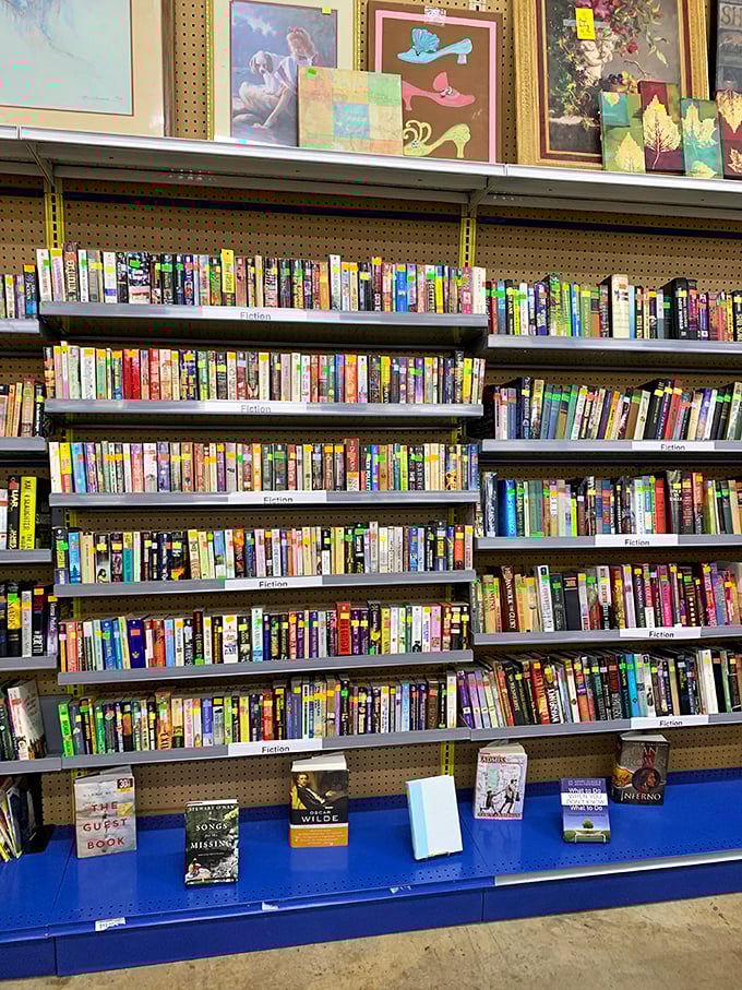 The fiction section rivals small libraries. Stephen King rubs shoulders with Jane Austen, all priced less than your morning latte.