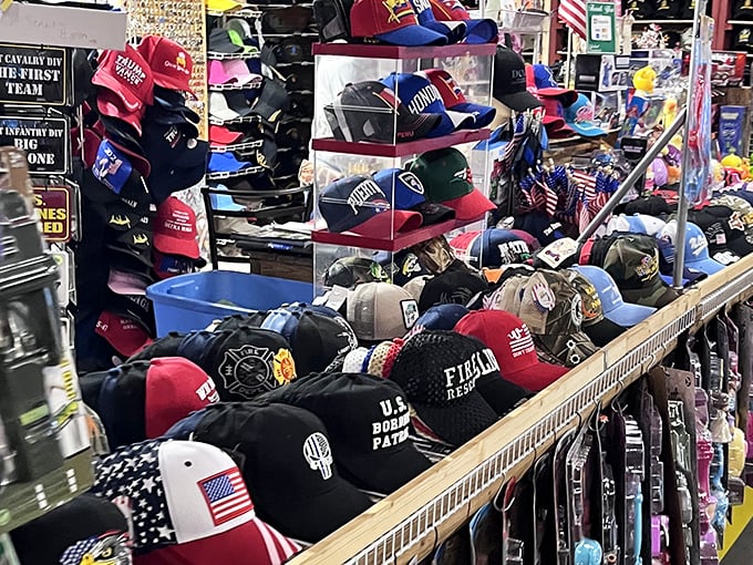 A sea of headwear tells America's story—from military service to favorite sports teams—each cap carrying its own silent narrative.