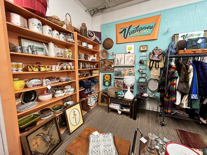 The "Vintiques" corner: where ceramic treasures and colorful dishware create a museum of American domestic life one teacup at a time.