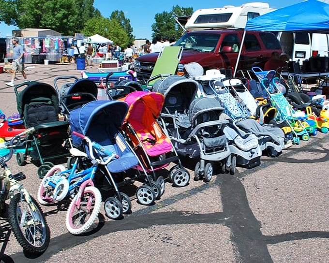 Baby strollers lined up like a used car lot for tiny humans with discriminating transportation tastes.