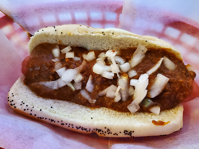 The classic chili dog&mdash;where beefy, spicy goodness meets sweet onions in a relationship that was clearly meant to be.