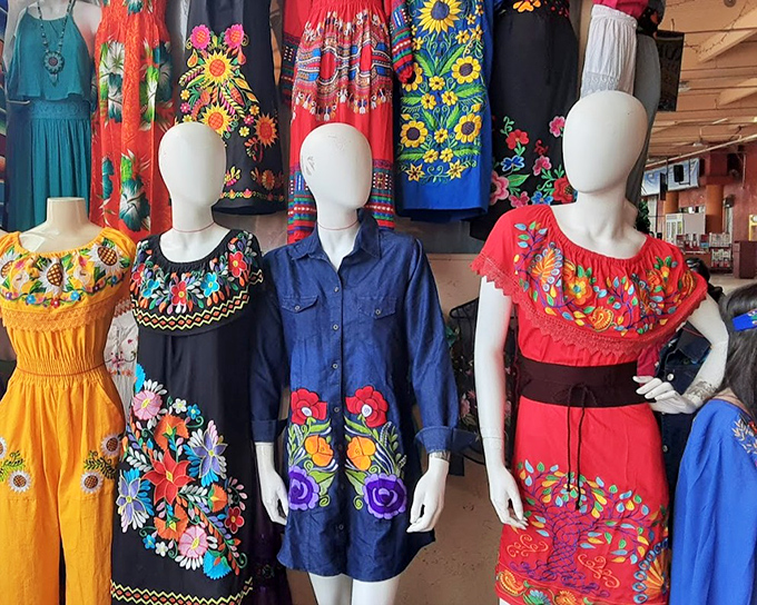 These vibrant embroidered dresses tell stories through stitches, bringing traditional Mexican artistry to Los Angeles closets with eye-popping colors and patterns.