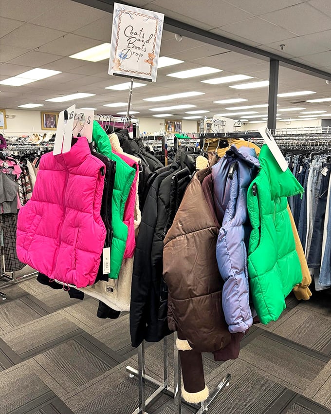 The winter wonderland rack at Plato's Closet, where puffy coats in candy colors promise warmth without draining your hot chocolate budget.