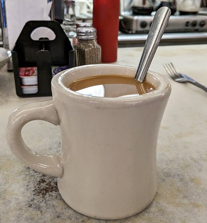 The humble diner mug&mdash;holding what might be the most honest cup of coffee in New England, no foam art required.