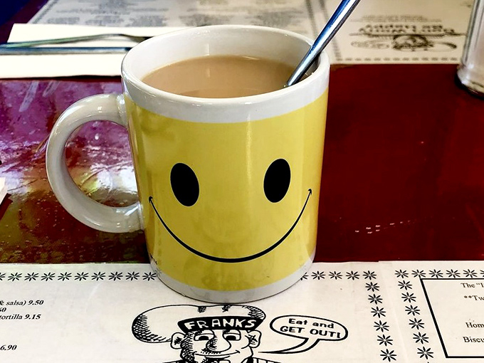 Even the coffee mugs smile at Frank's. When your morning brew comes with built-in optimism, you know you've found your people.