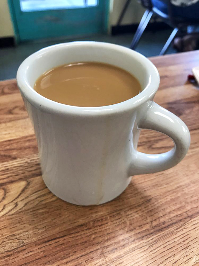 The humble diner coffee mug—holding what might be the most honest cup in California, no fancy foam art required.