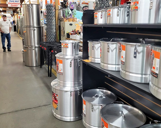 Industrial-sized cooking pots stand ready for your next family reunion or small army feeding – because sometimes regular cookware just won't cut it.