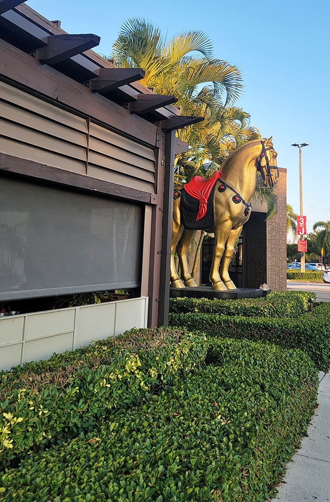 This magnificent golden horse statue stands guard outside what appears to be P.F. Chang's. Majestic, slightly intimidating, and definitely Instagram-worthy.