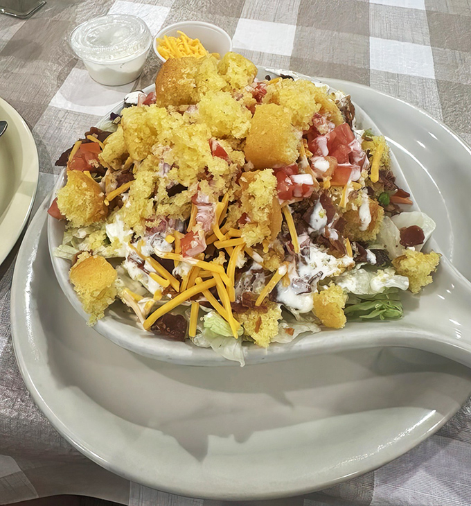 This isn't just a salad—it's a cornbread-topped festival of flavors that somehow makes eating vegetables feel like cheating on your diet.